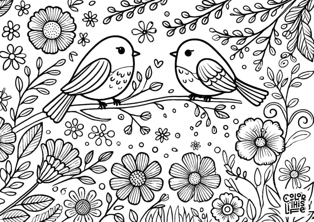 Birds and flowers coloring page - Color This Life