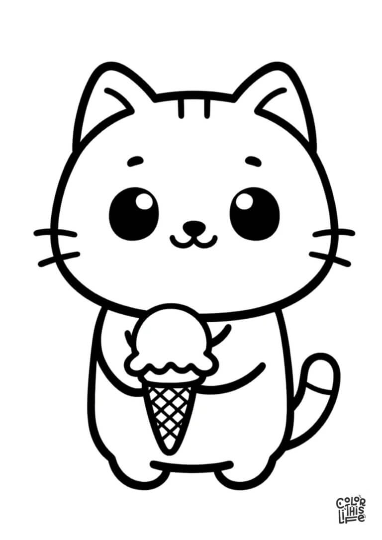 Easy kitty ice cream coloring page for kids - Color This Life