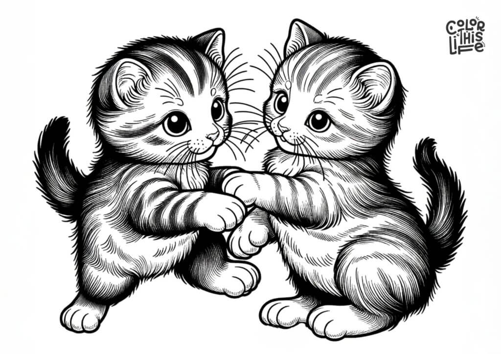 Kittens playing printable coloring page - Color This Life