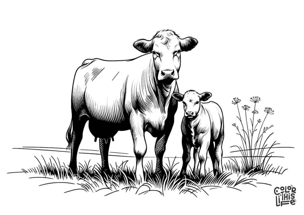 Calf and cow coloring page printable - Color This Life
