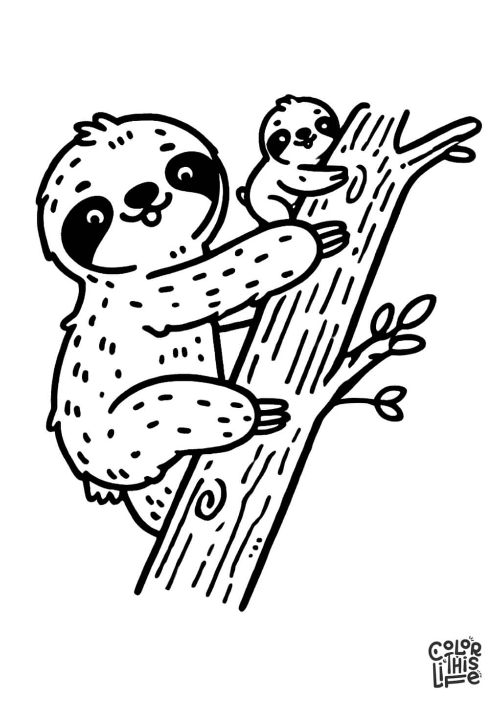 Cute sloth and baby coloring page - Color This Life