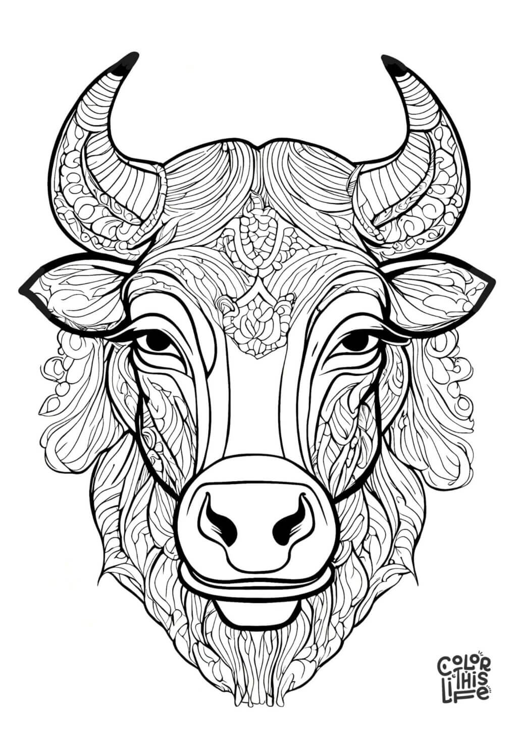 Detailed cow face coloring page - Color This Life