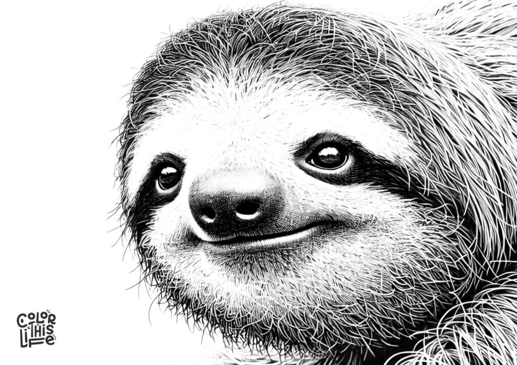 Free realistic sloth face coloring page - Color This Life