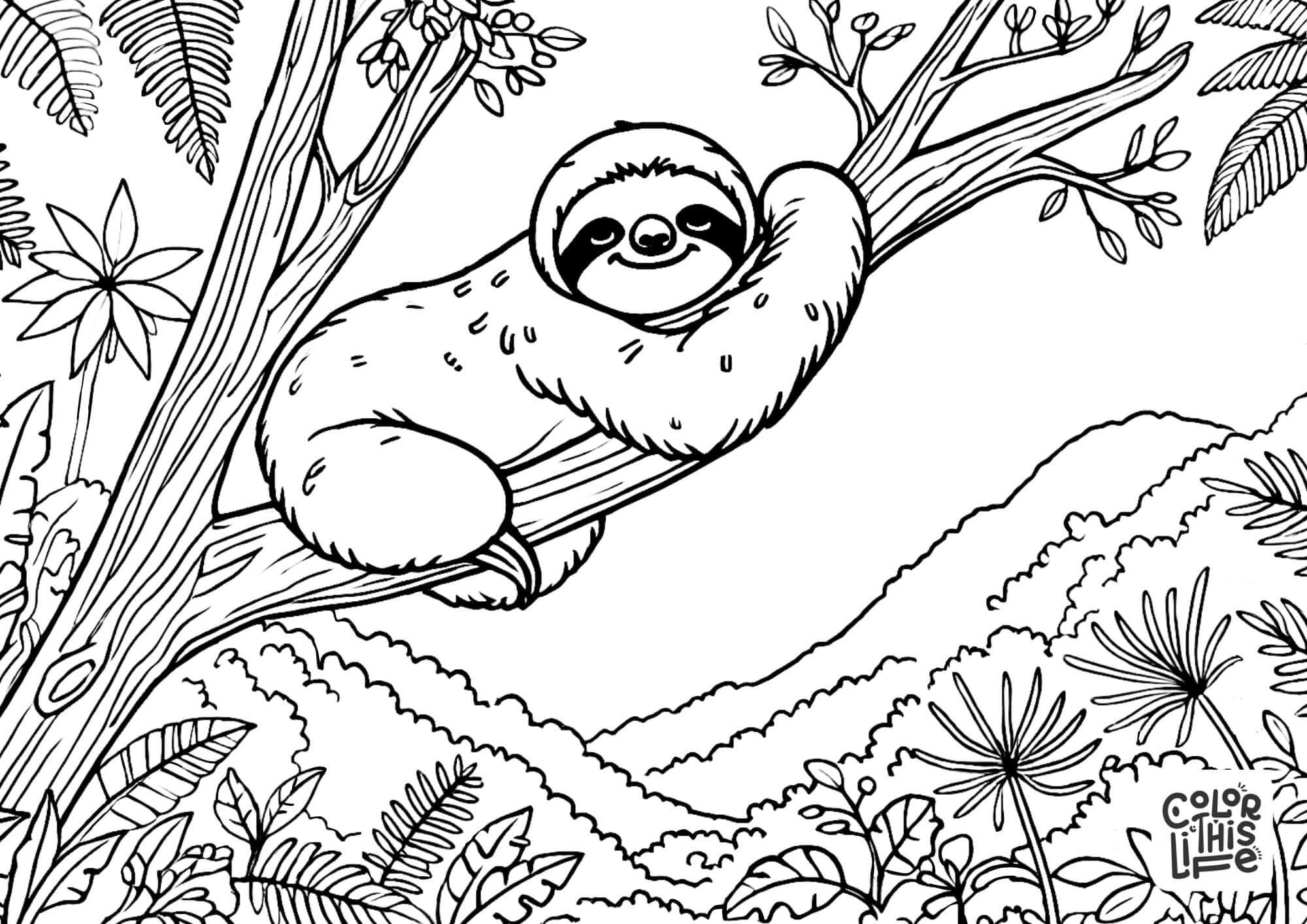 Happy jungle sloth coloring picture - Color This Life