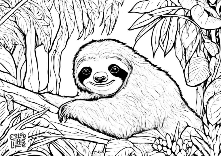 Jungle sloth coloring page for adults - Color This Life