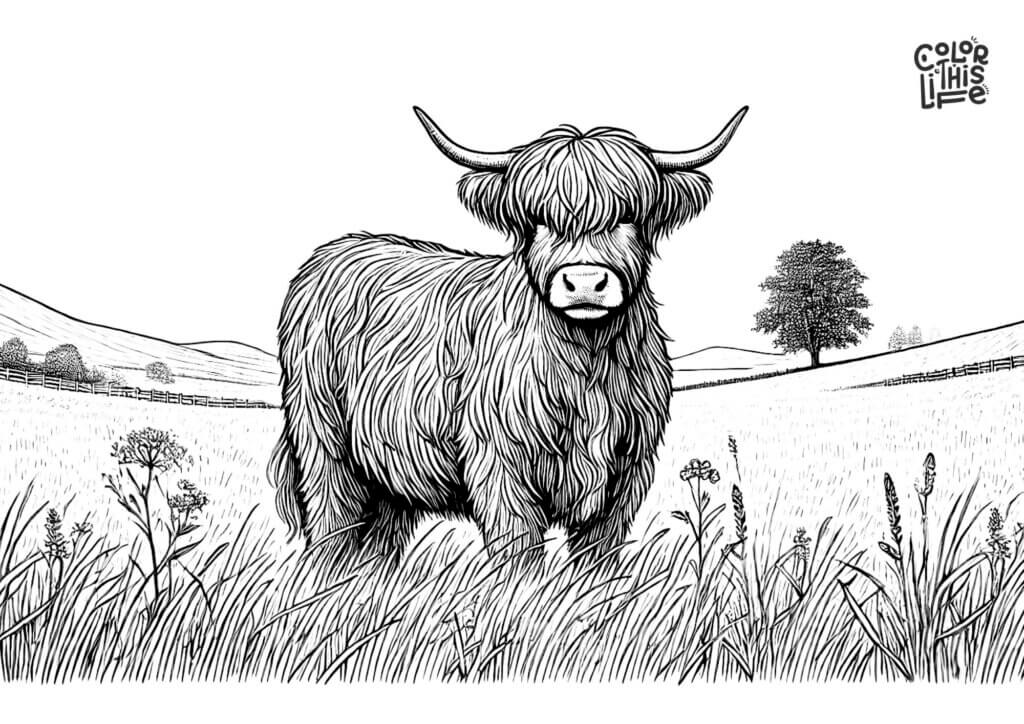 Realistic Highland cow coloring page - Color This Life