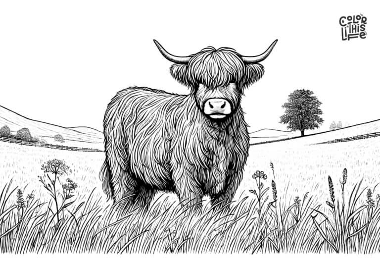 Realistic Highland cow coloring page - Color This Life