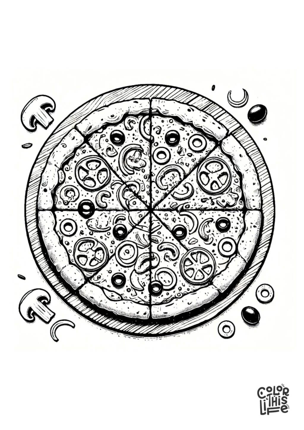Detailed realistic pizza coloring page - Color This Life