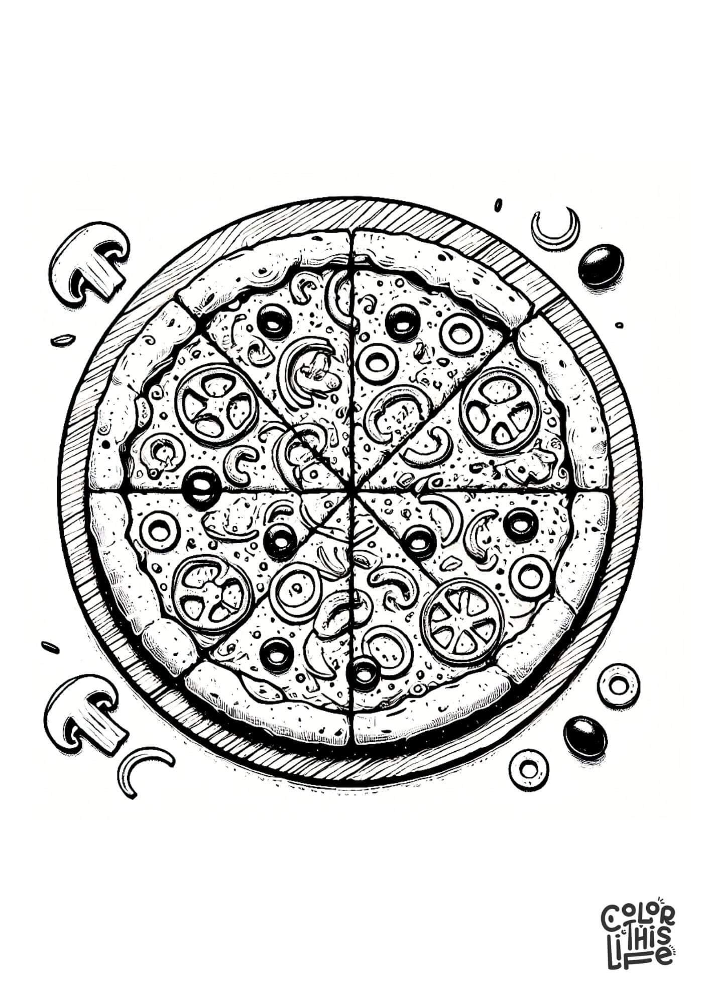 Detailed realistic pizza coloring page - Color This Life
