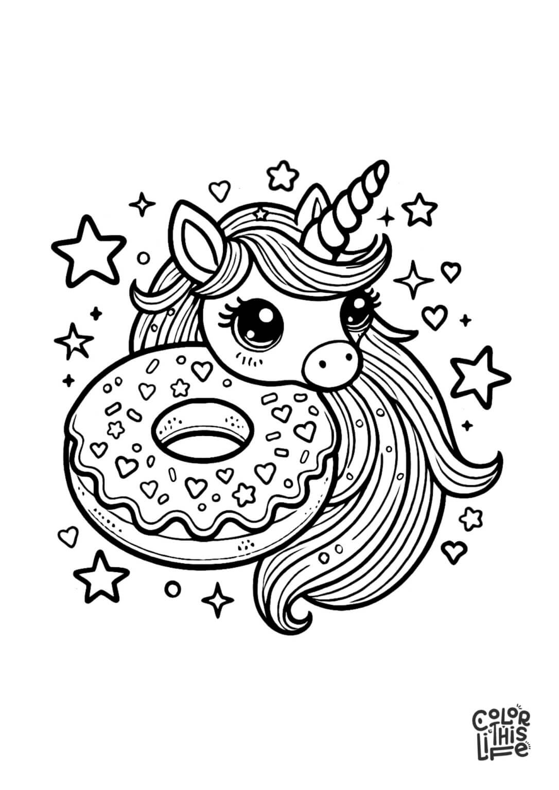 Pretty unicorn donut coloring page - Color This Life