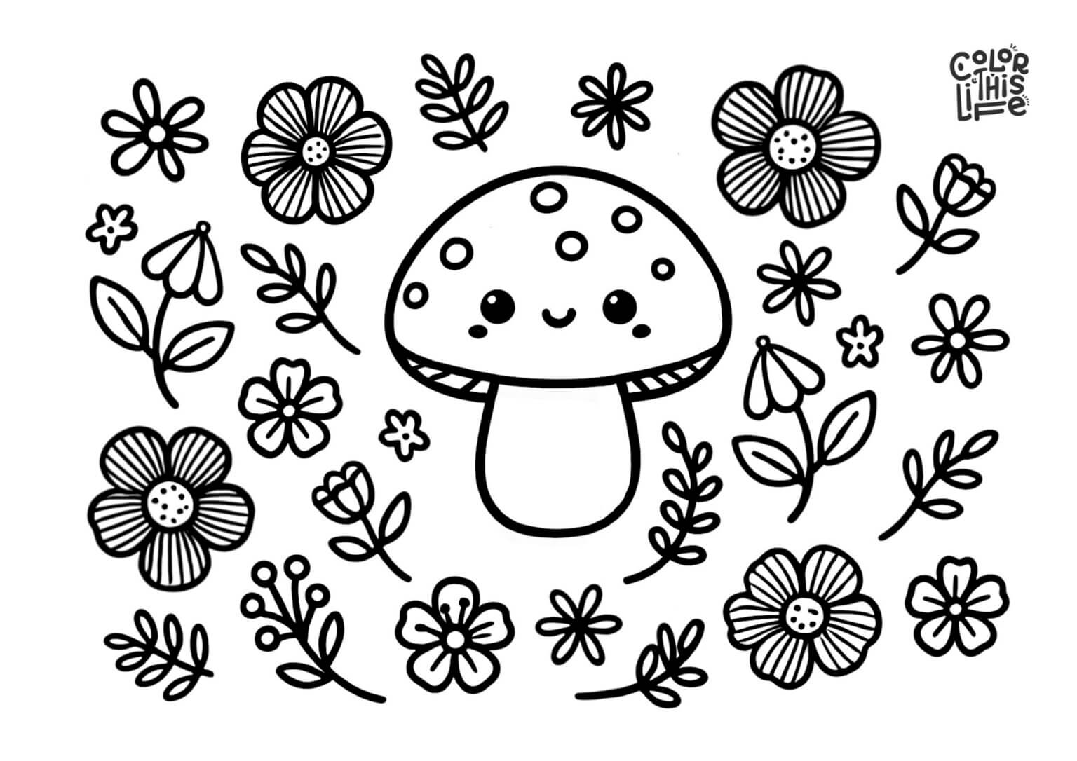 Aesthetic flowers and mushroom coloring picture - Color This Life