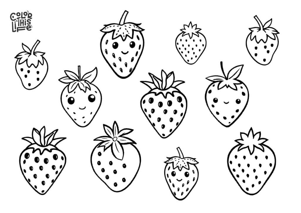 Assorted cute strawberries coloring page - Color This Life