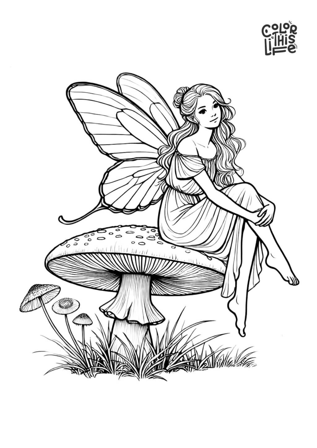 Detailed fairy mushroom coloring page for adults - Color This Life