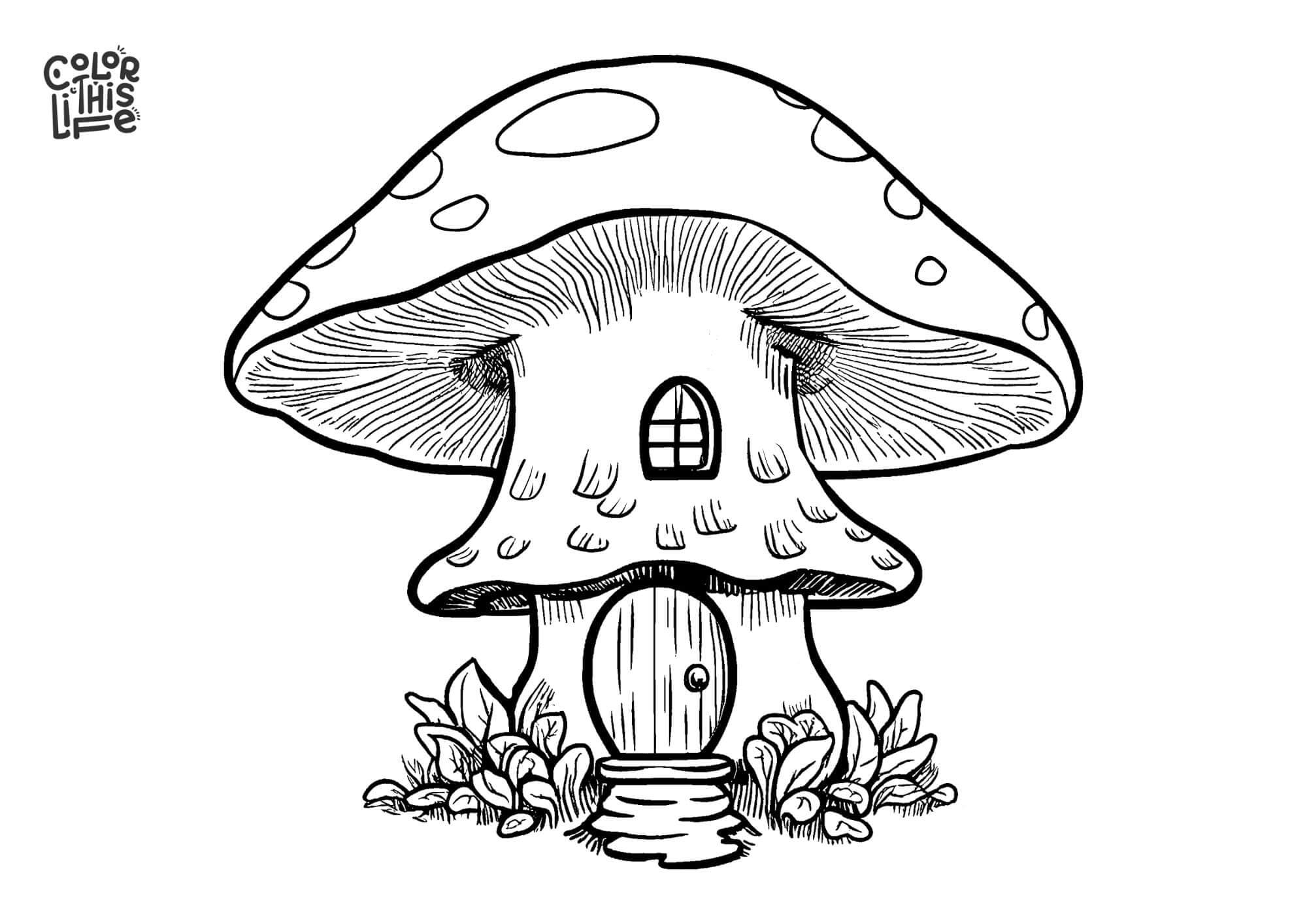 Mythical mushroom house coloring page - Color This Life