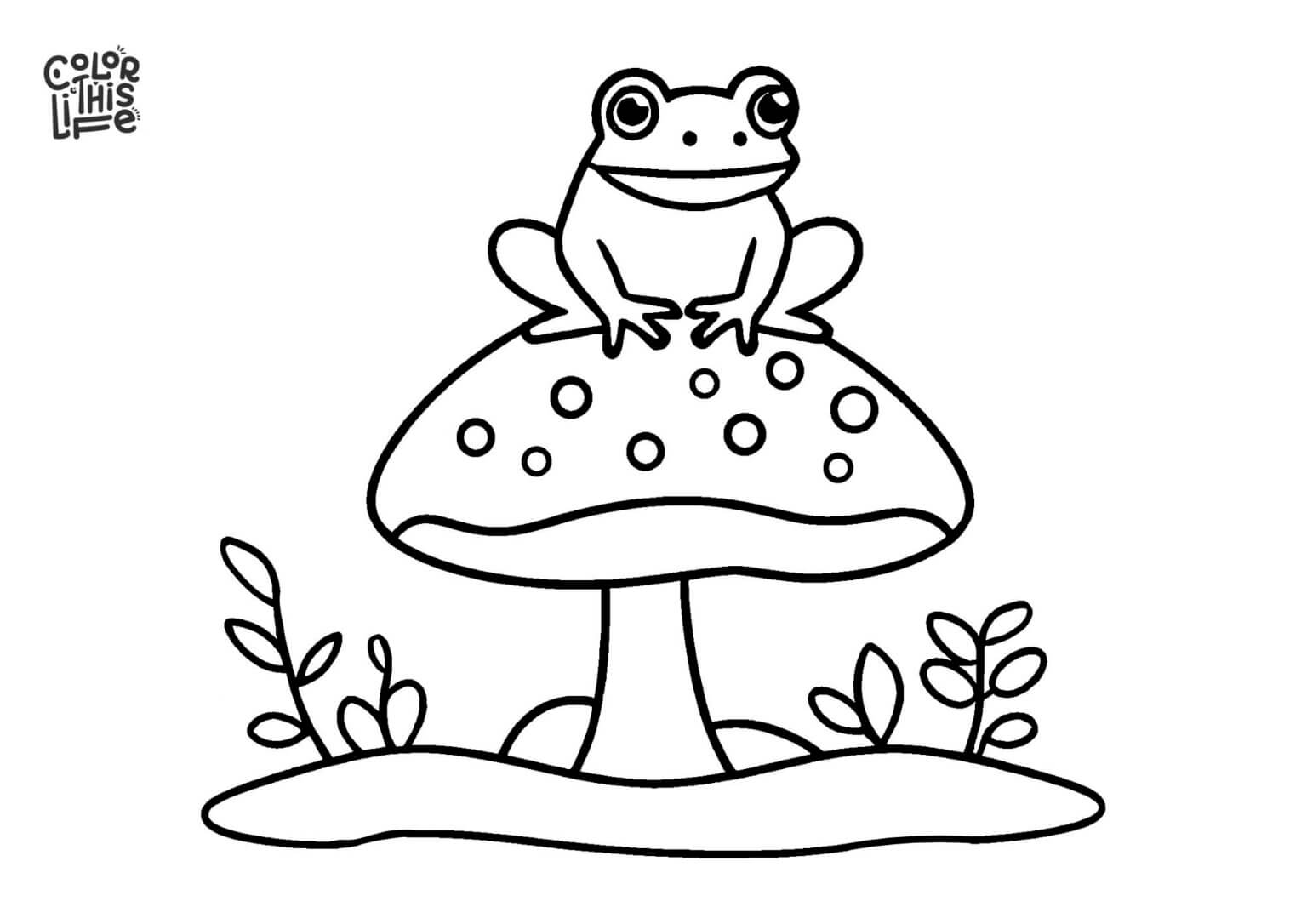 Simple frog and mushroom coloring page - Color This Life