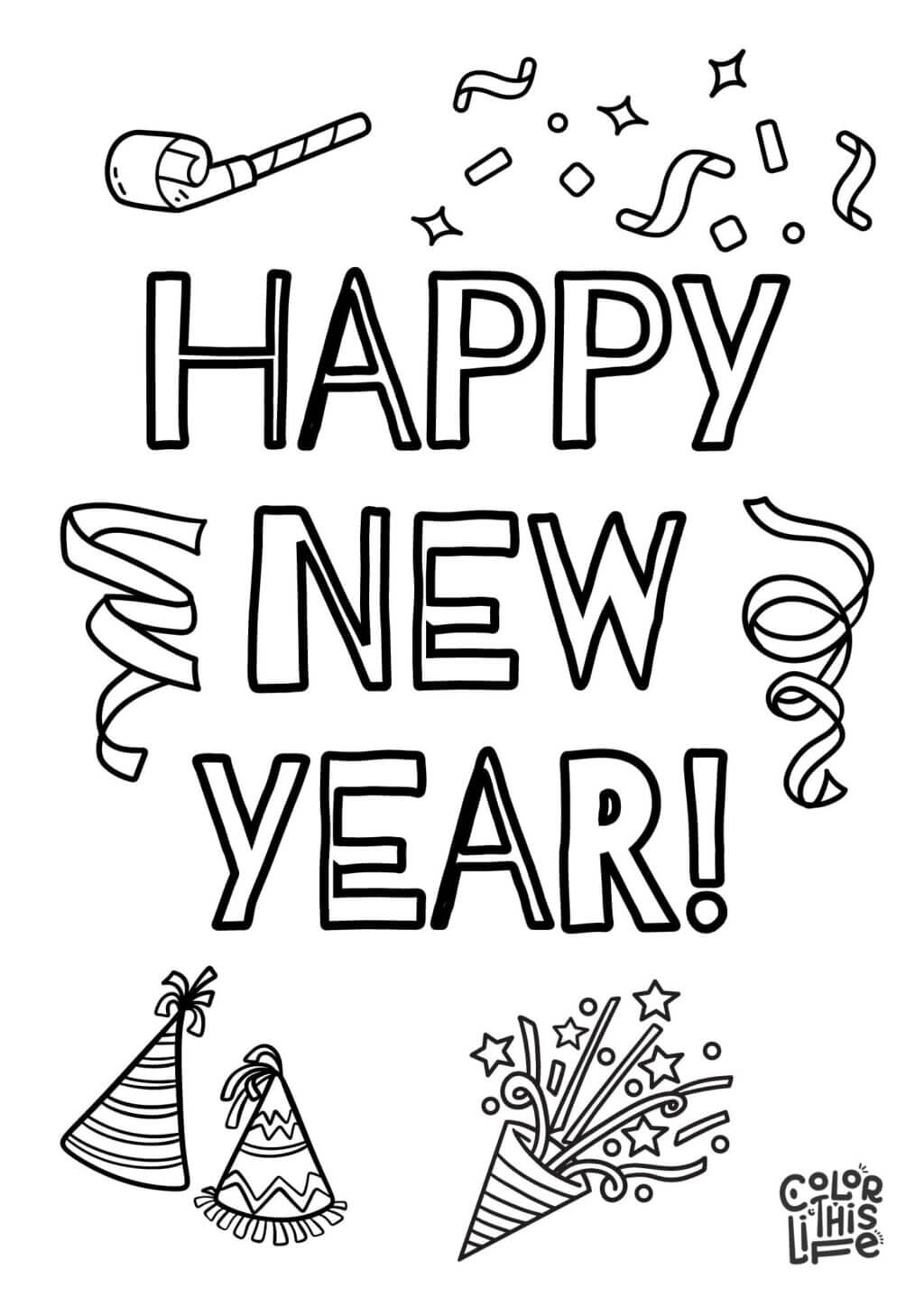 Happy New Year 2026 coloring page - Color This Life