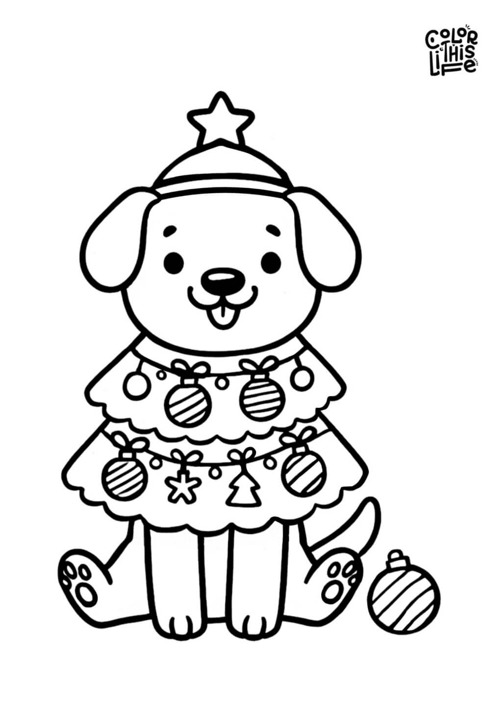 Christmas tree dog coloring page for kids - Color This Life