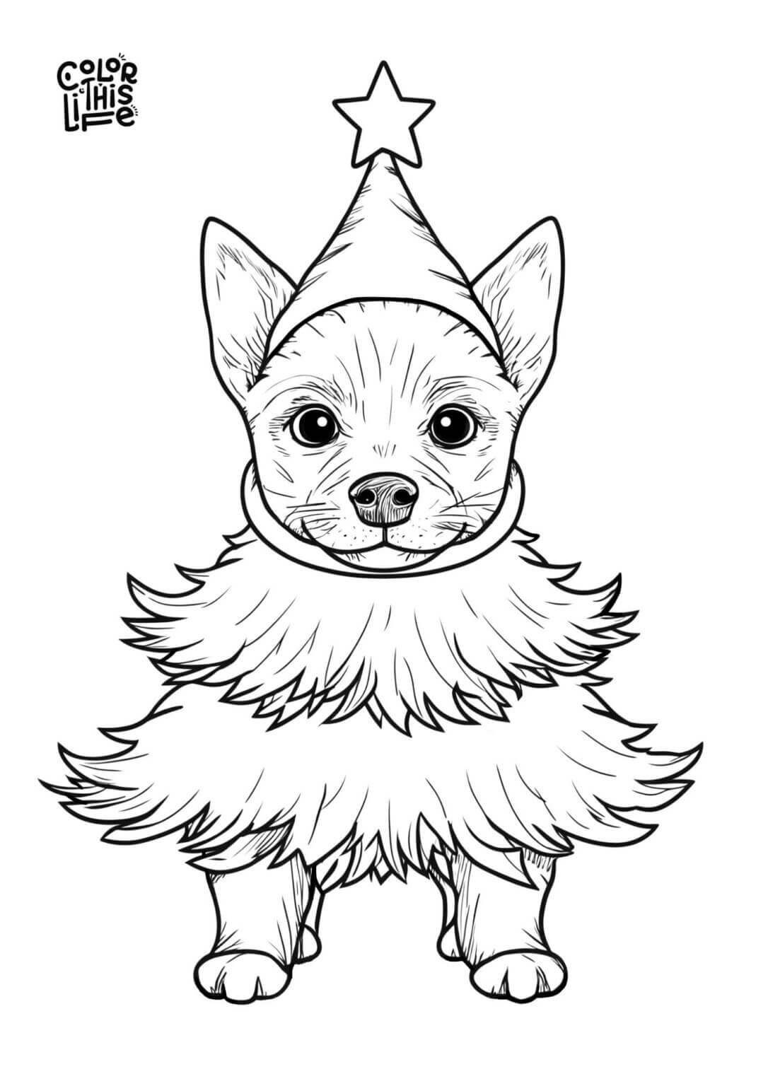 Simple Christmas puppy coloring page with Santa hat - Color This Life