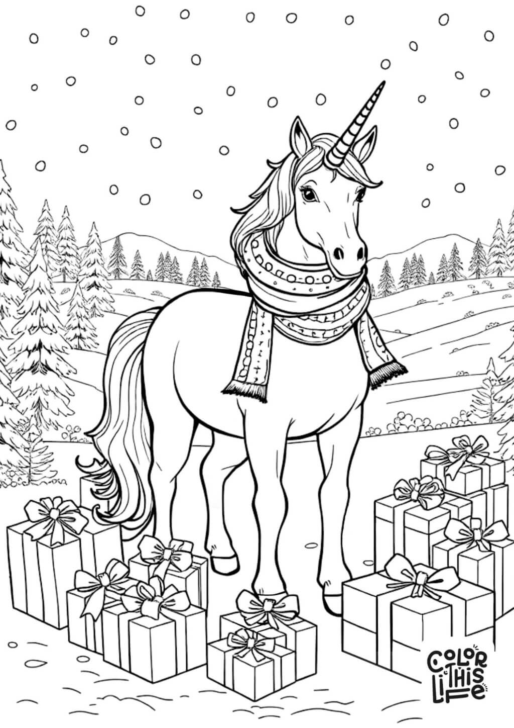 Christmas Unicorn Coloring Pages (Free Printable)