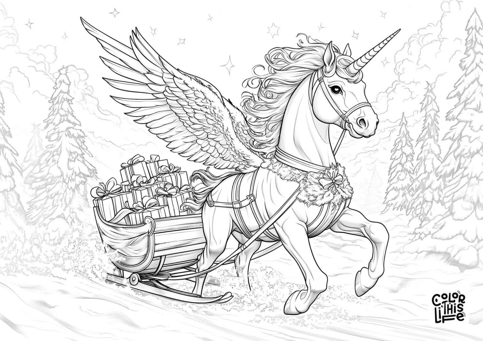 Christmas Unicorn Coloring Pages (Free Printable)