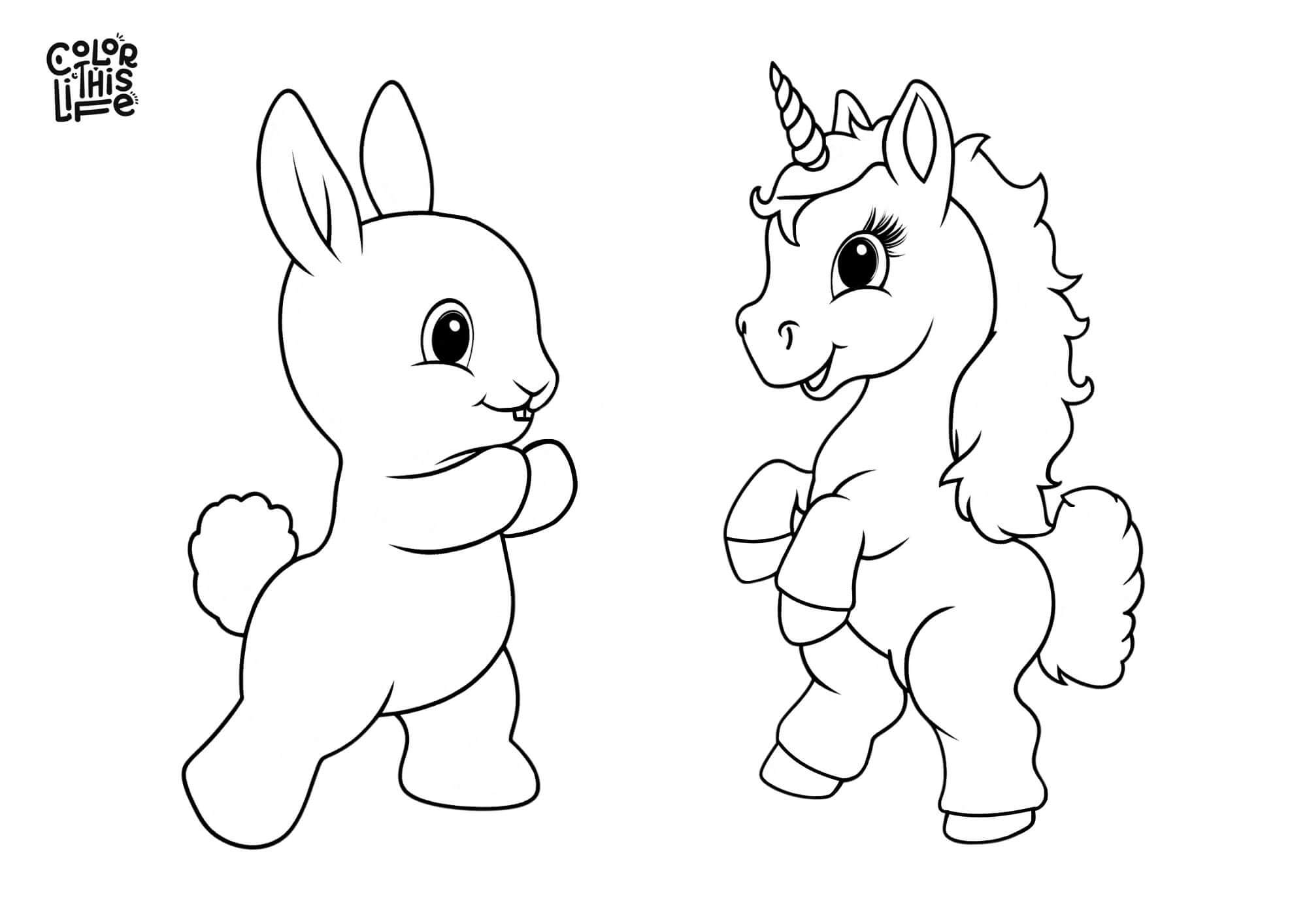 Easy bunny and unicorn coloring page - Color This Life