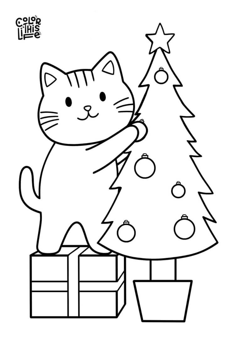 Christmas Cat Coloring Pages (Free Printable)
