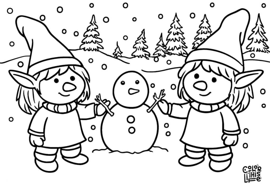 Simple elves and snowman coloring page - Color This Life