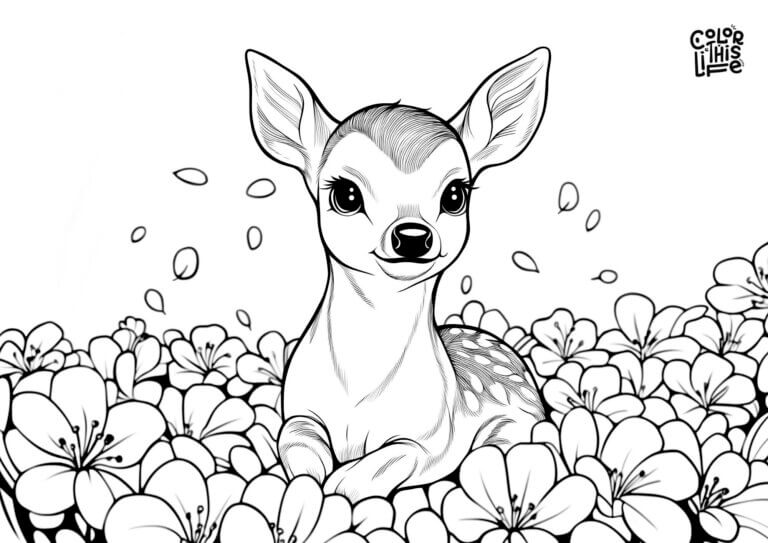 Baby deer in flowers spring coloring page free printable - Color This Life