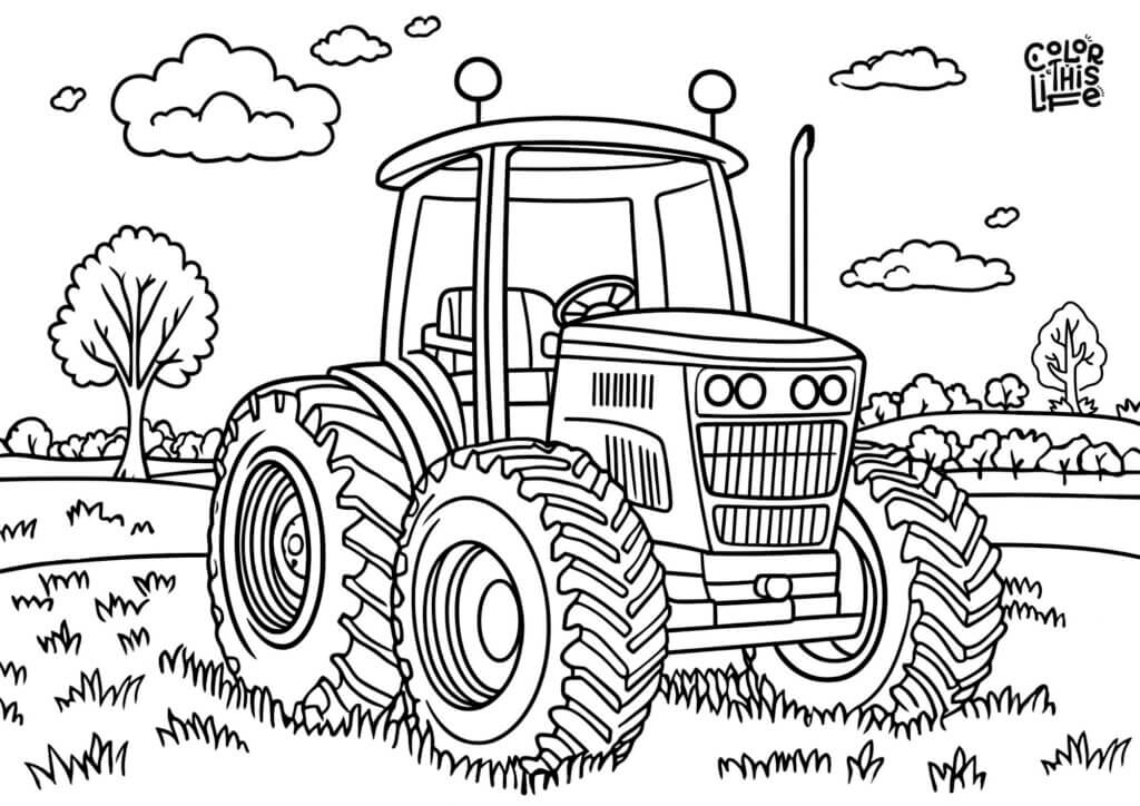 Tractor in field coloring page free printable - Color This Life