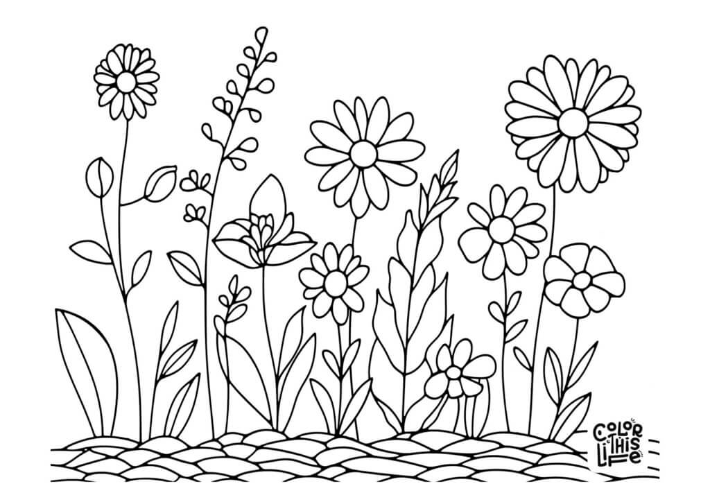 Easy spring flowers coloring page printable - Color This Life