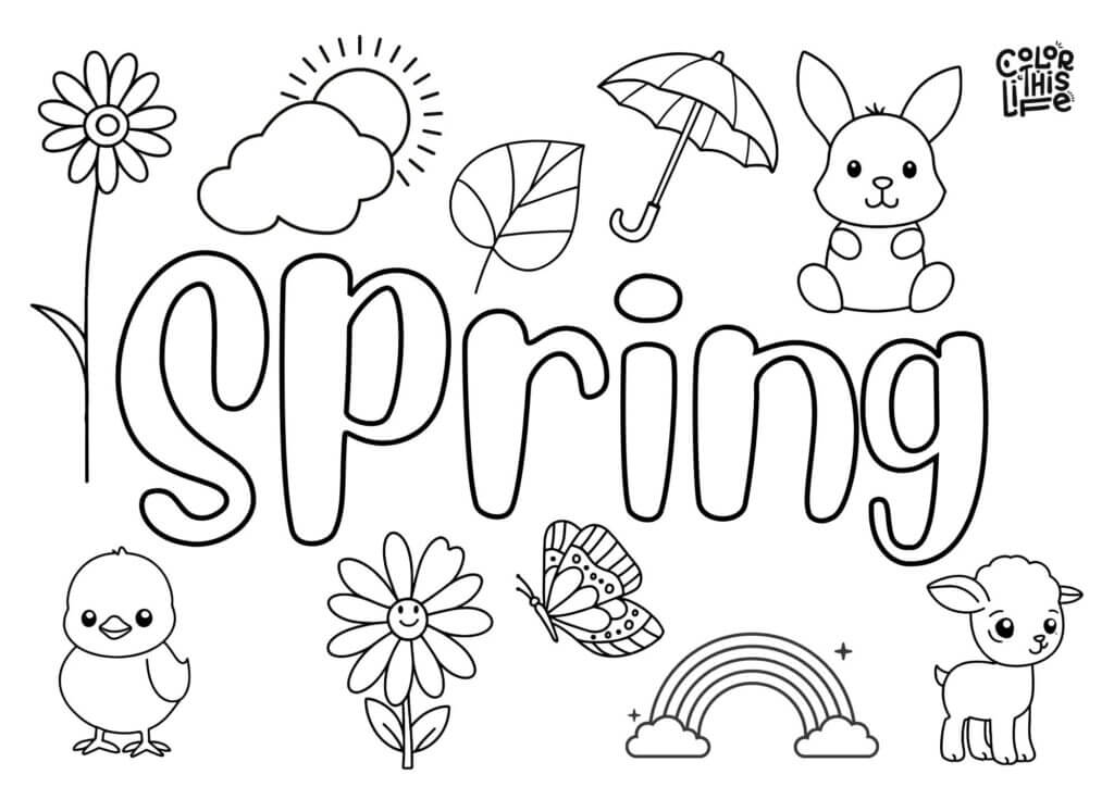 Kids spring coloring page with letters and pictures - Color This Life