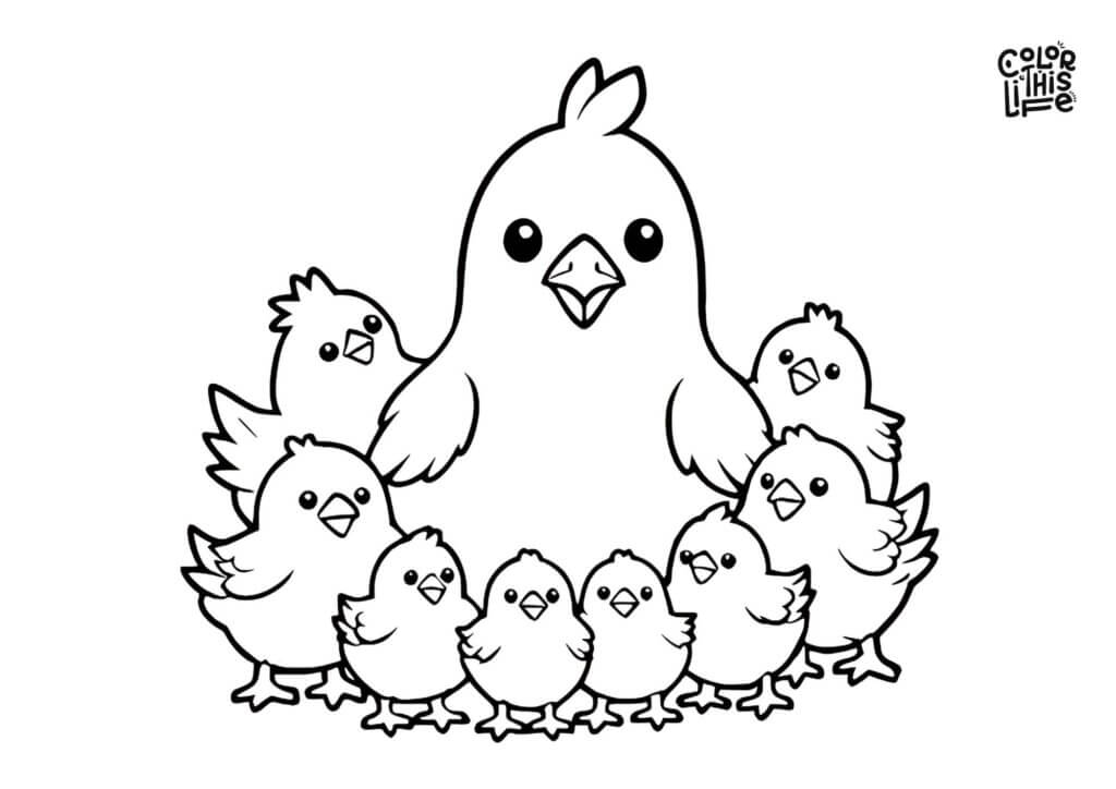 Simple chicken and chicks coloring page for kids - Color This Life