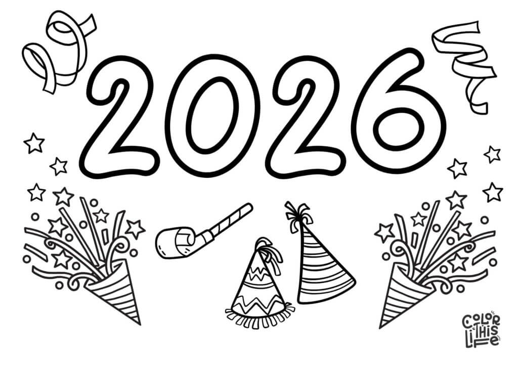 Happy New Year 2026 coloring page - Color This Life