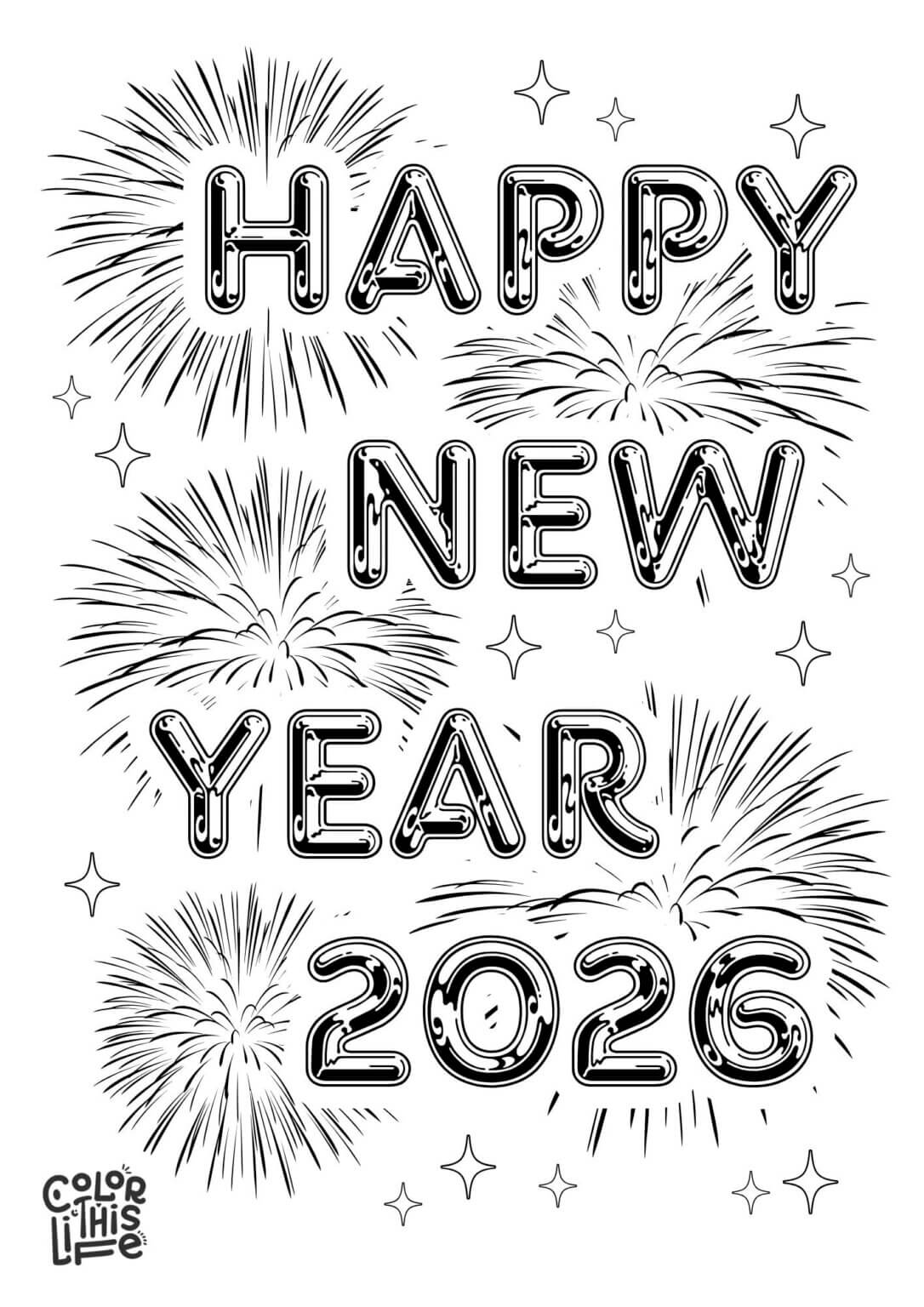 Happy New Year 2026 coloring page - Color This Life