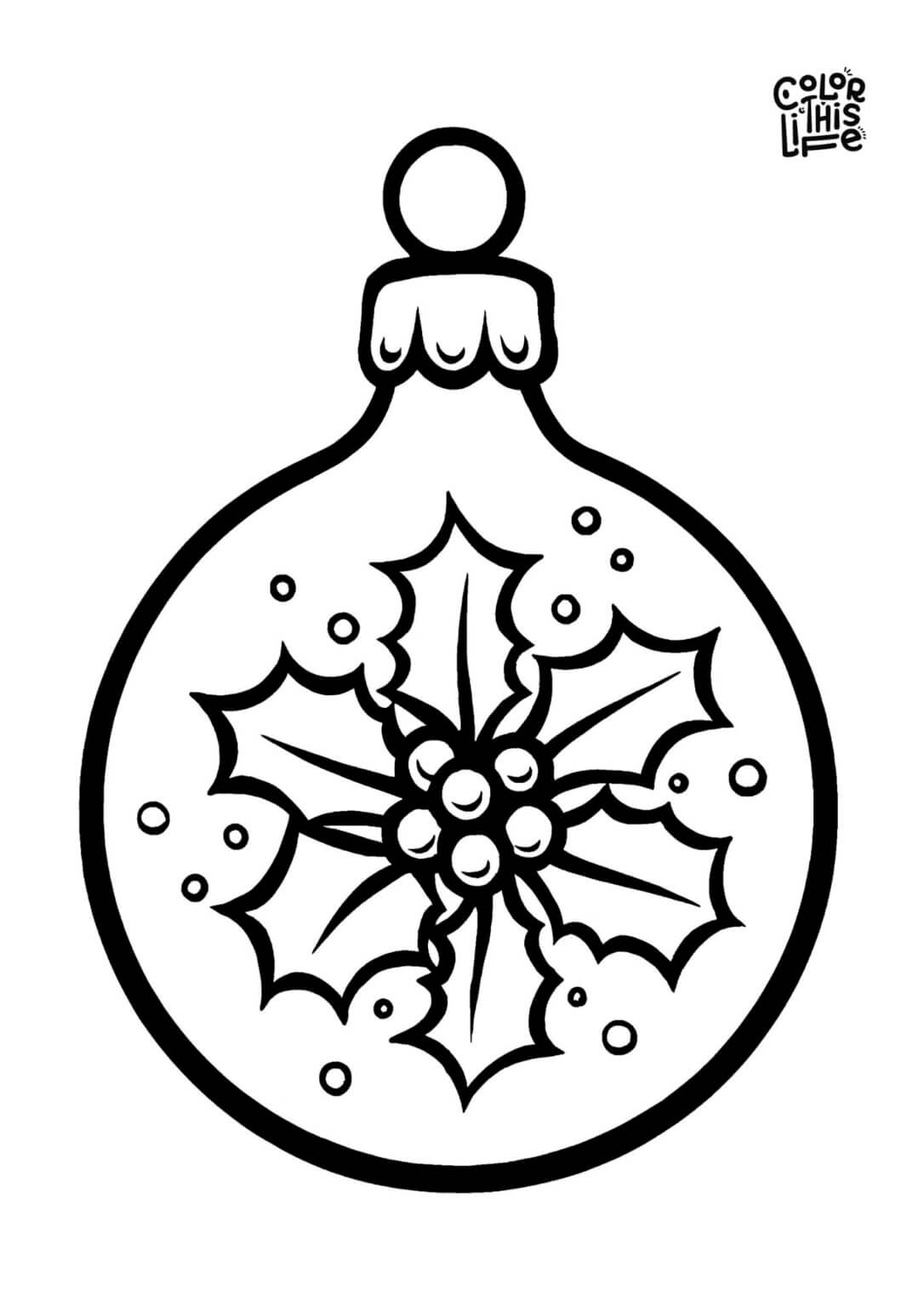 Holly Christmas ornament coloring page for kids