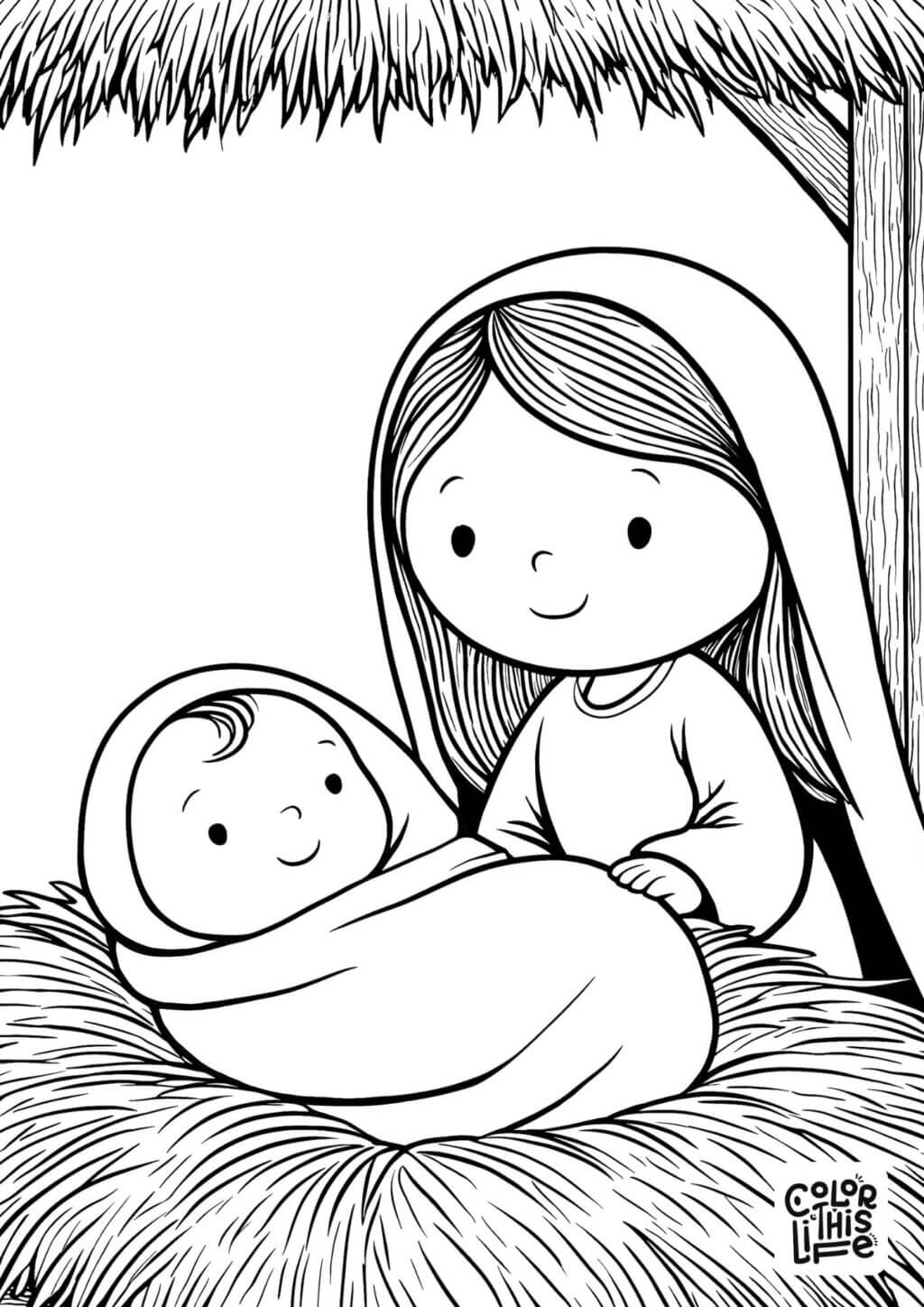 Mary and baby Jesus coloring page free printable